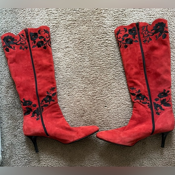 J.Renee | Shoes | J Renee Red Heeled Boots With Black Embroidered ...